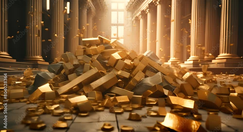 3D minimalist scene of a stock market crash depicted by broken gold ...