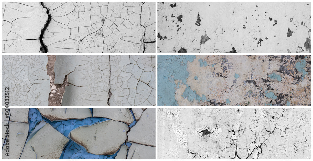 Set of peeling paint textures. Old concrete walls with cracked flaking ...