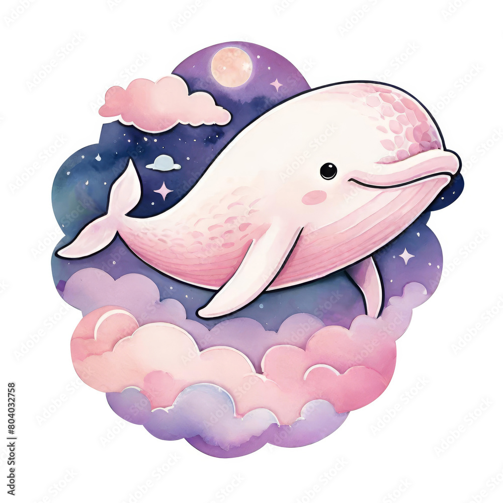 A whimsical illustration depicts a friendly pink beluga whale soaring ...