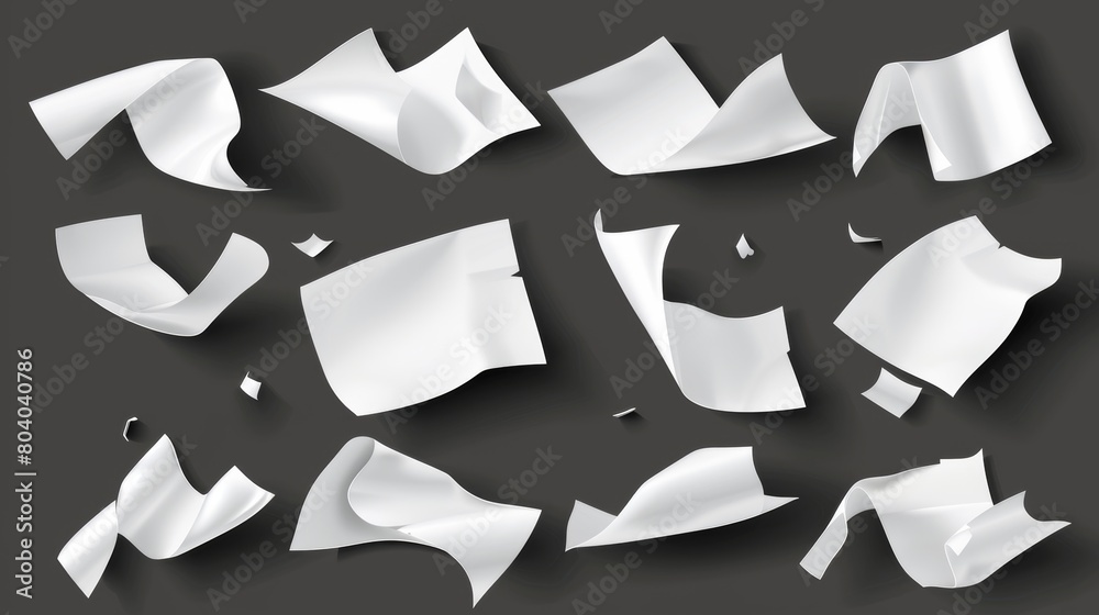 Set of flying papers. Scatter of white sheets that fall and fly ...