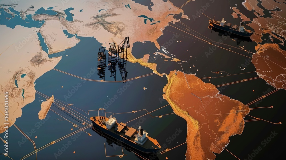 Detailed view of a map with oil trade routes and major ports ...