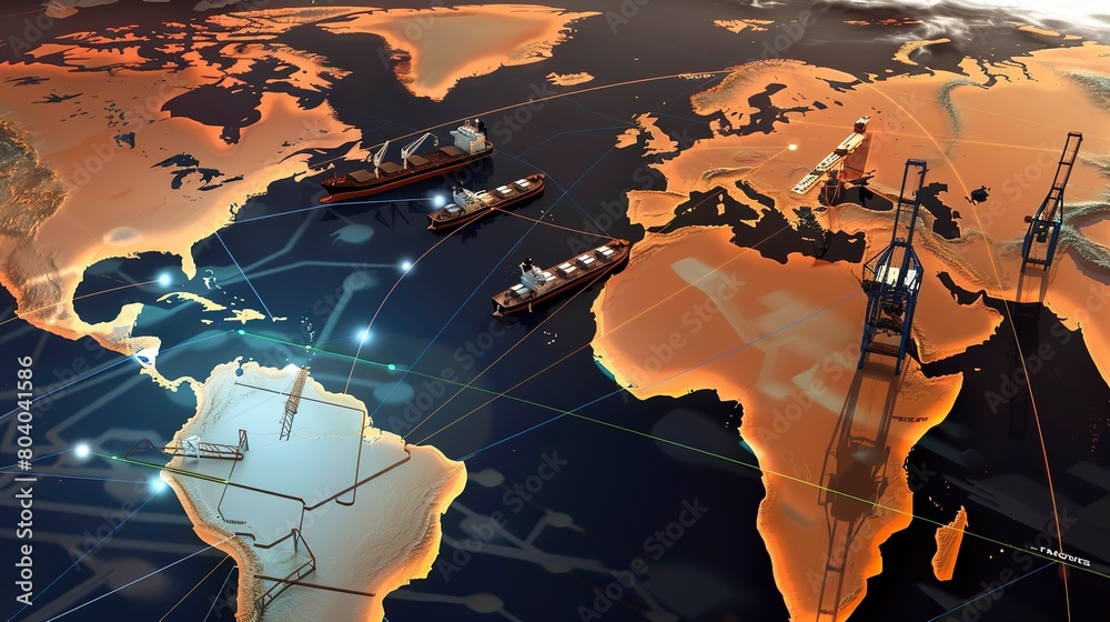 Detailed view of a map with oil trade routes and major ports ...