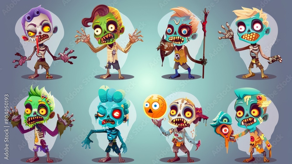 Horror characters with cartoon zombies eating brains, sucking on ...