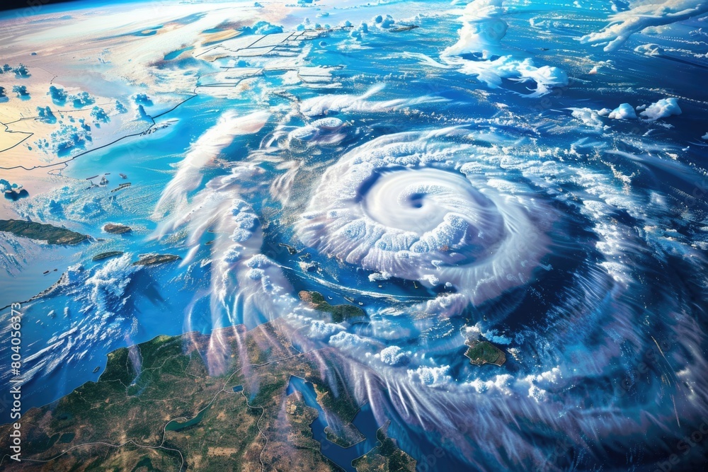 A satellite view of a powerful hurricane in the ocean. Suitable for ...