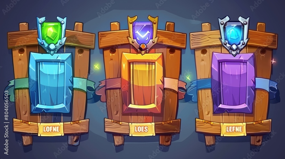 UI boards of win or lose, badges of level number, and experience points ...