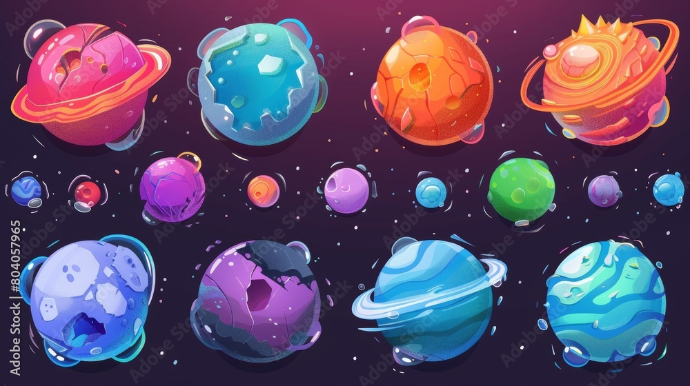 Space game UI with fancy alien planets. Modern cartoon icons with ...
