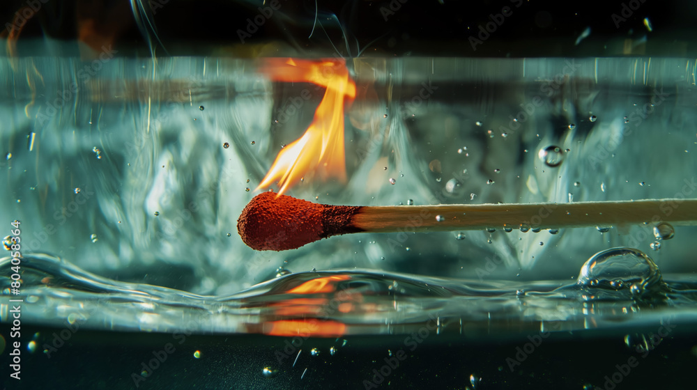 The striking image shows an igniting matchstick as it enters the water ...