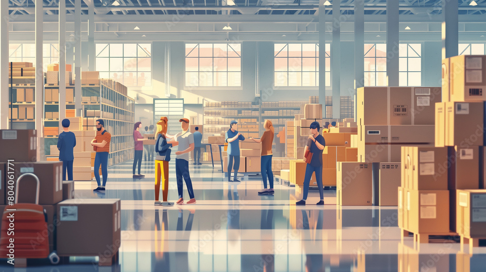 Busy rush workflow of hardware store employees. Group of workers ...