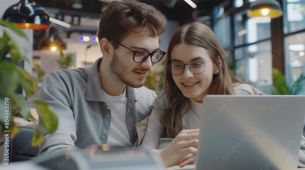 Two young office employees working together use laptop, workmate helps ...
