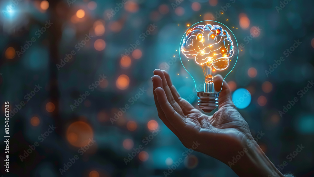 Innovation Concept: Human Hand Holding Digital Art of Brain-Light Bulb ...