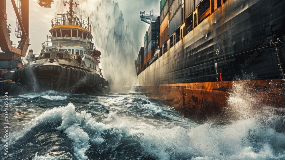 A close-up shot of a tugboat guiding a massive container ship out of ...