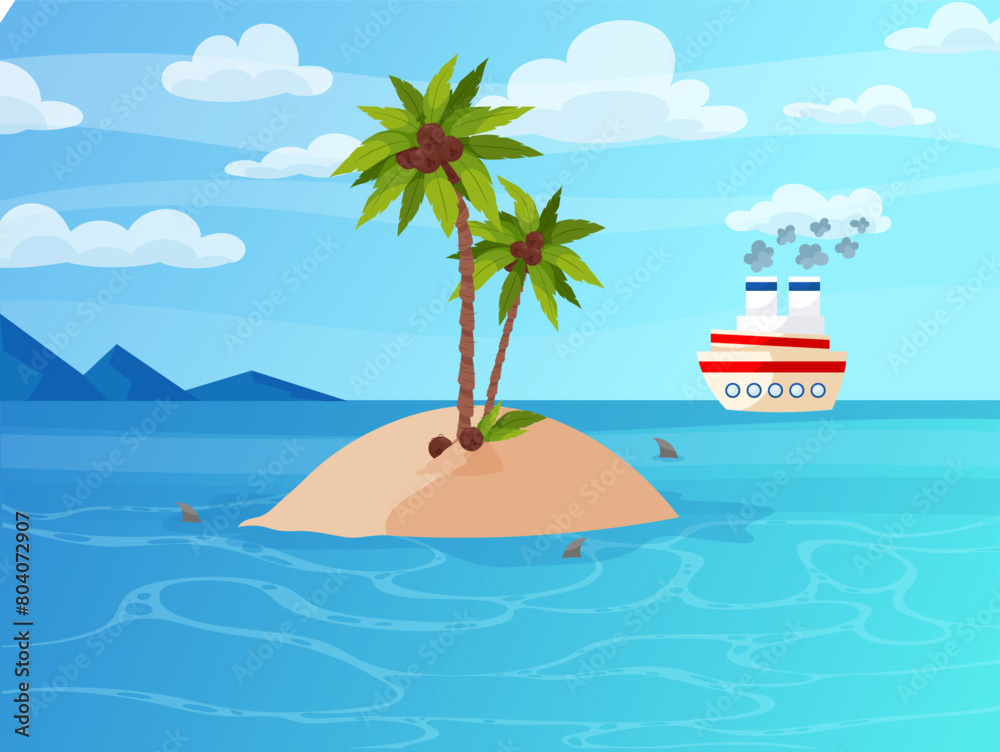 Island in the middle of the ocean in flat style. Summer background ...