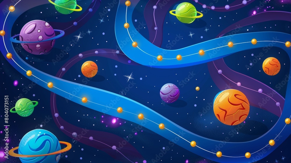 The level map of a space game dotted with alien planets is designed as ...