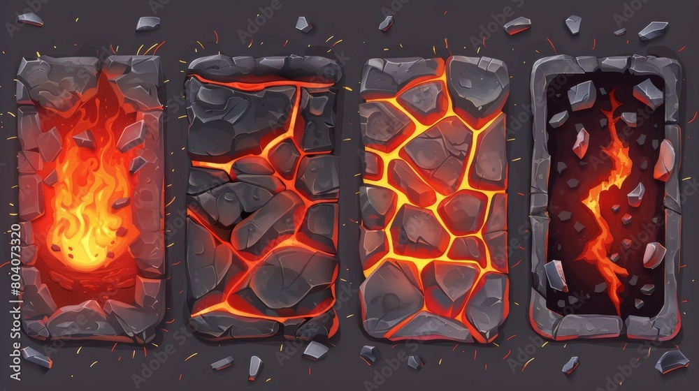 This lava stone UI game frame has a volcanic button and magma texture ...