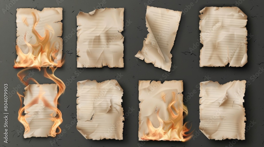 Set of burning paper pieces isolated on transparent background, with ...