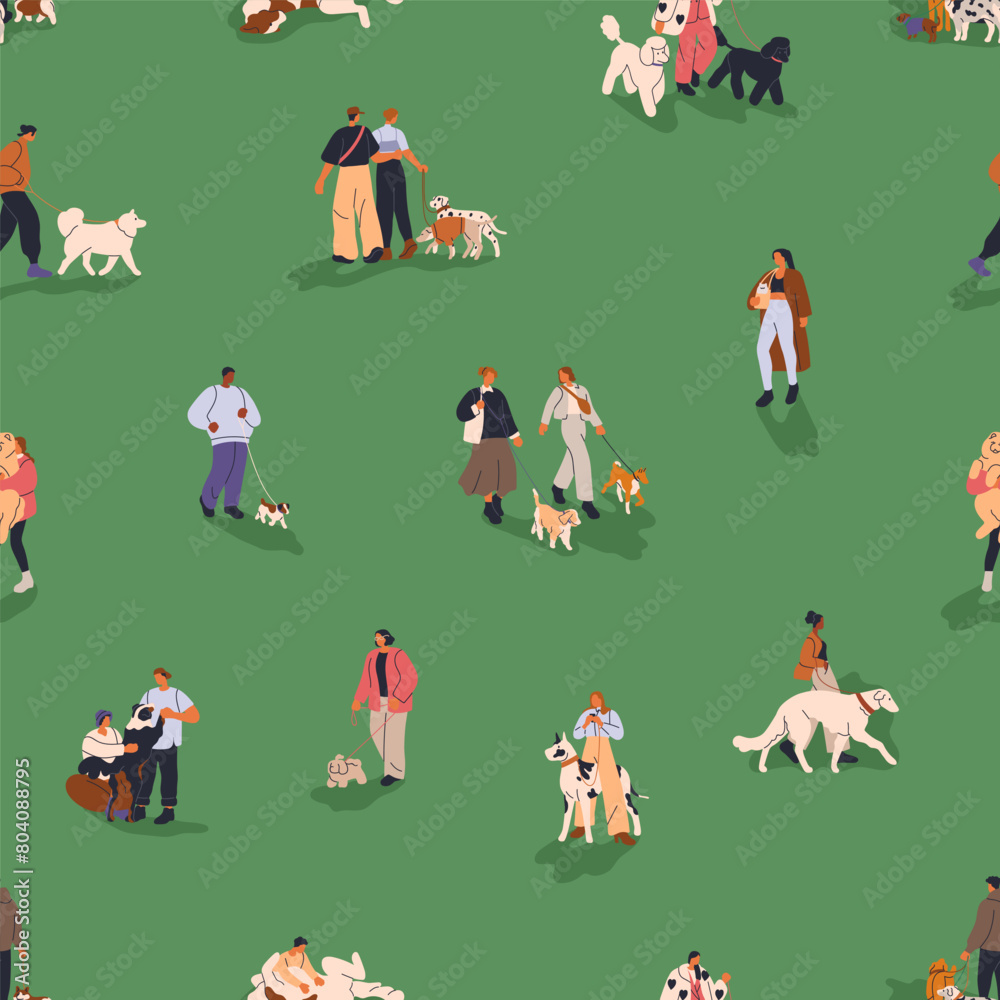 People walking dogs, seamless pattern. Tiny owners strolling with ...