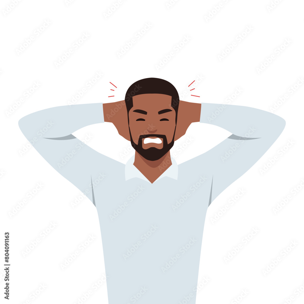 Young black man covering his ears with his hands. Flat vector ...