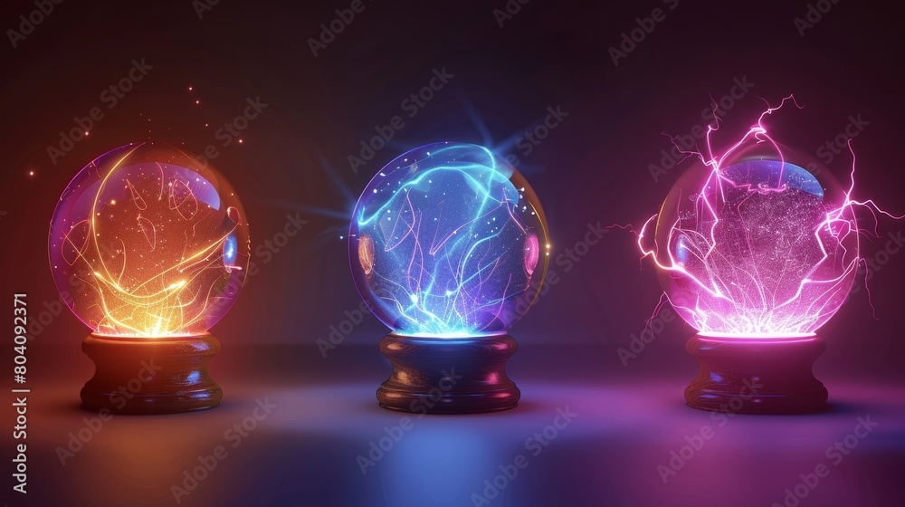 Realistic 3D modern illustration of fantasy energy orb with lightnings ...