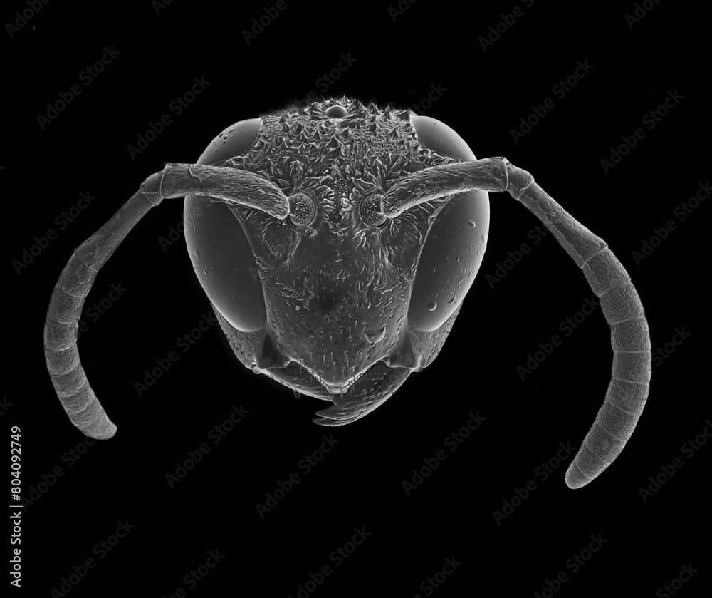 Photograph of a wasp (Vespula) head on a black background obtained with ...