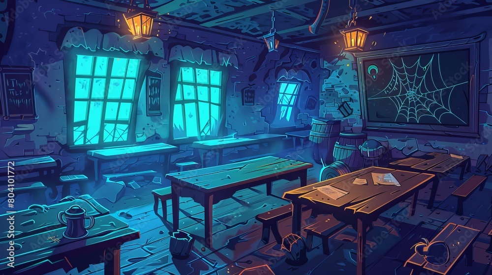 This cartoon cartoon illustration shows an abandoned magic school with ...