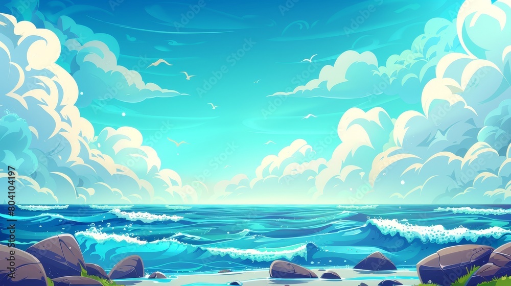 Cartoon modern illustration of a sea scape with rocks in clean water ...