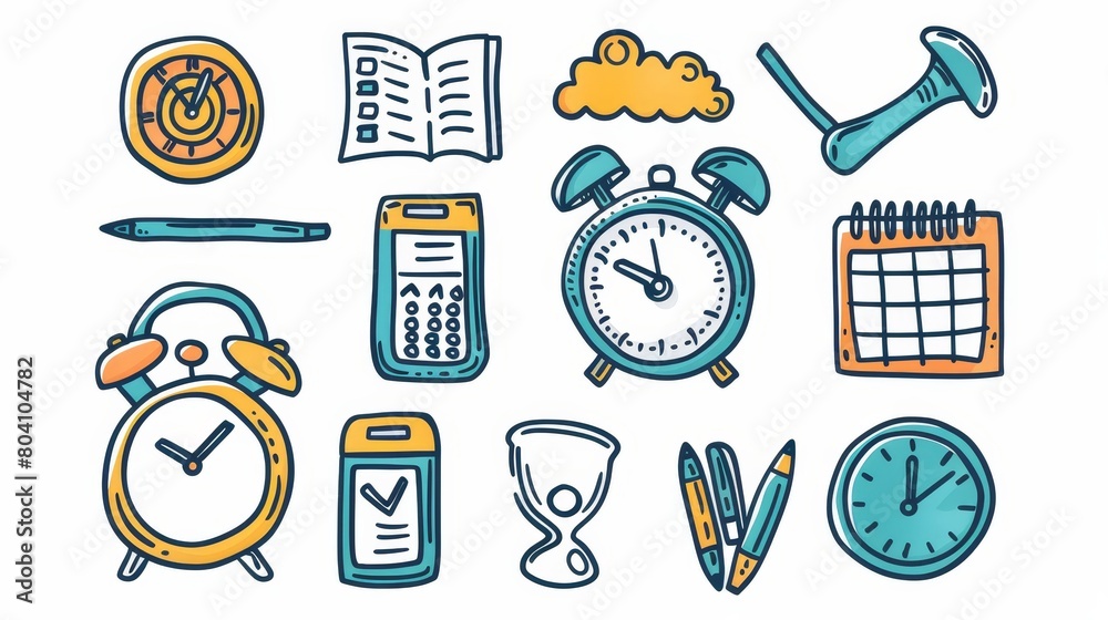 Symbols of work organization with clock, hourglass, clock, phone ...
