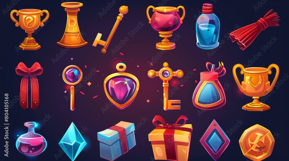 This set of icons includes keys, dynamite, gift boxes, flags, gold ...