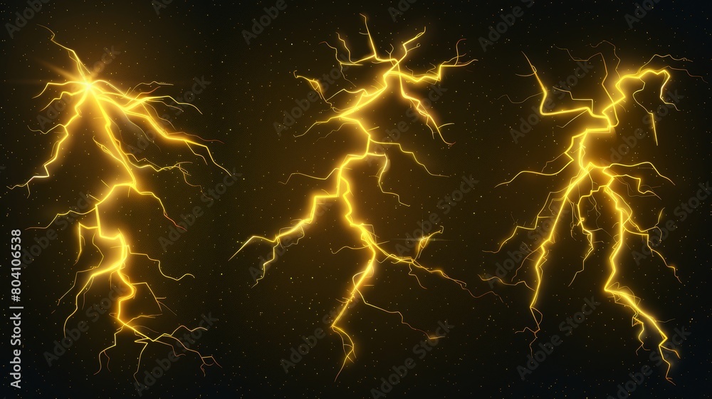 Yellow lightning, electric thunderbolt strikes during night storm ...