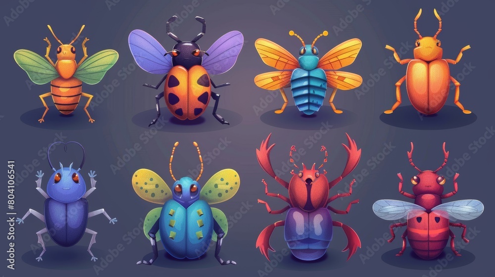 An isolated modern set with cartoon insects, including a mole, a ...