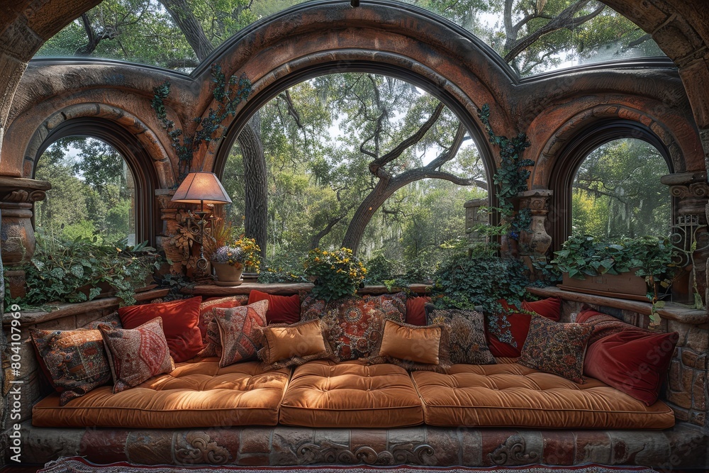 Cozy Rust and Mustard Vintage Reading Nook with Window Seat and Plush ...