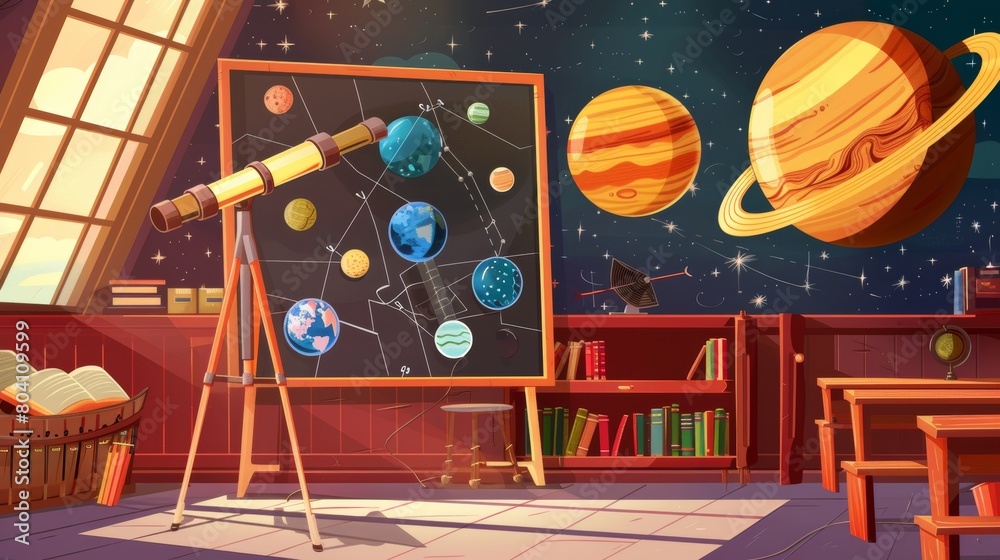 Classroom for astronomy learning in school. Modern cartoon illustration ...