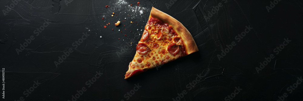 A minimalist depiction of a single pizza slice on a matte black surface ...