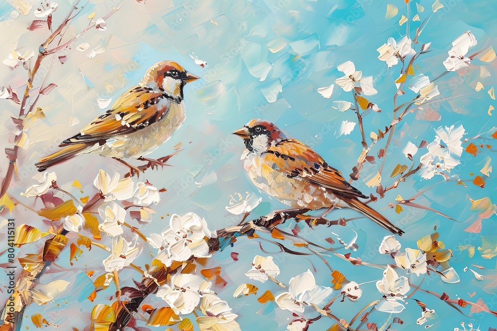 Printable Vertical Oil Painting: Two Birds on Tree with White Flowers ...