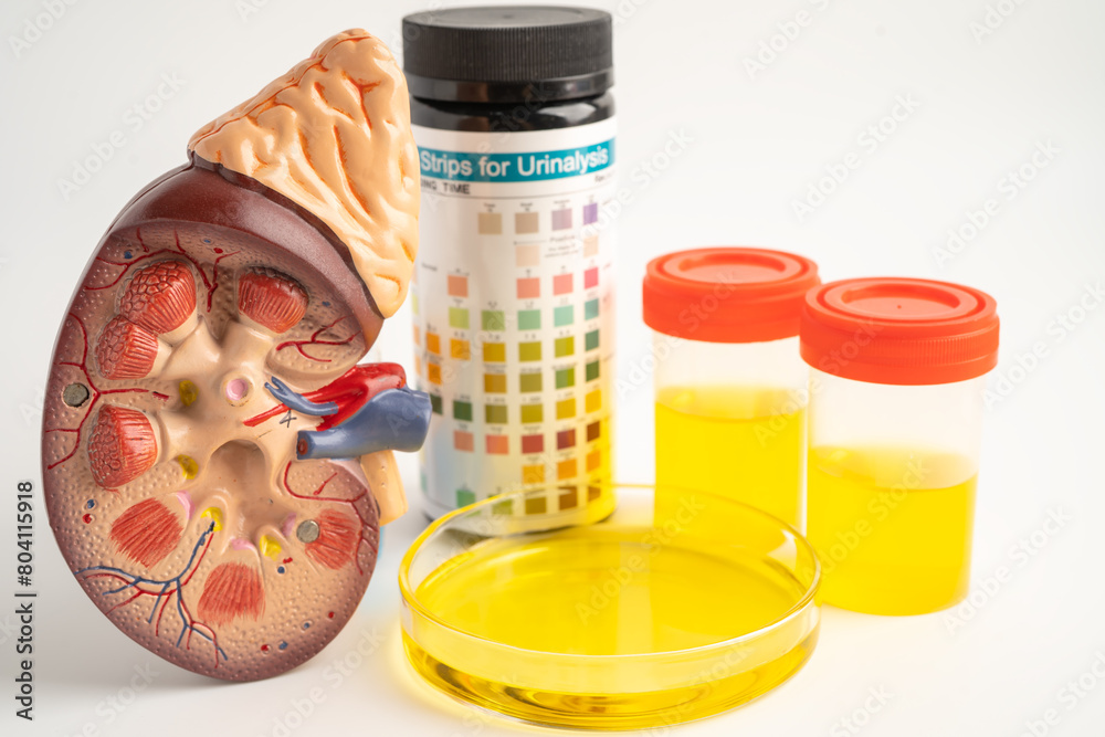 Urinalysis, Kidney model and urine cup with reagent strip pH paper test ...