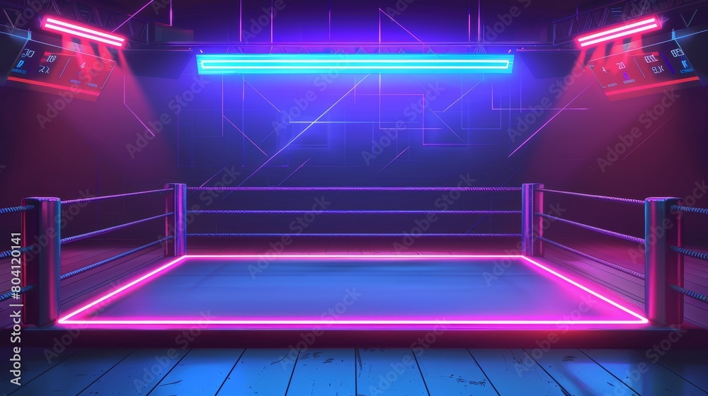 The silhouette of a cartoon boxing ring illuminated with neon lights ...
