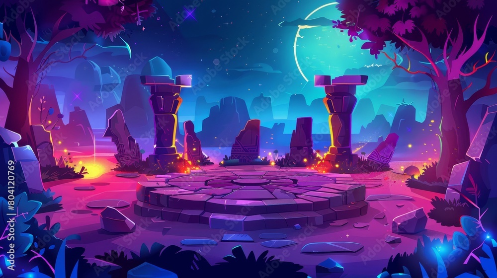 Animated cartoon background with a stone arena with runes at night in a ...