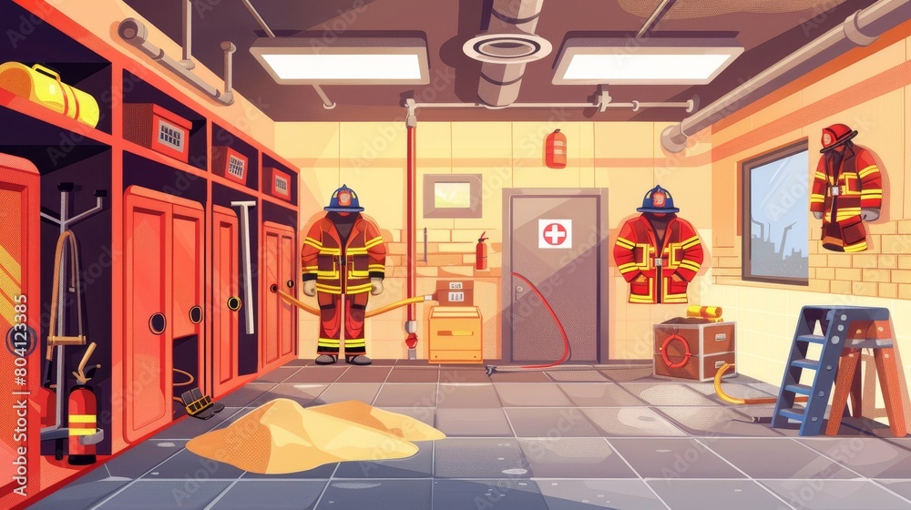The interior of a cartoon fire station. A modern illustration of an ...
