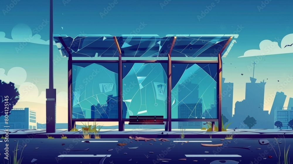In an abandoned city, a broken bus stop station stands at the end of a ...
