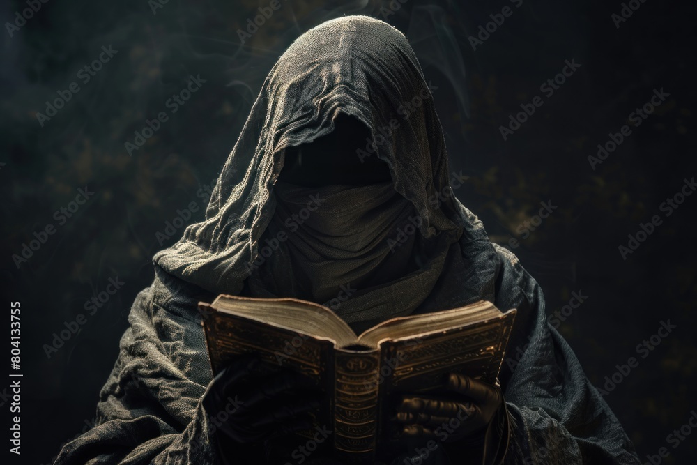 A cloaked figure, its face obscured by shadows, reads from a tome ...
