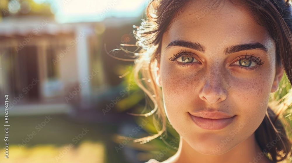 A woman with brown hair and eye shadow is standing in front of a house ...