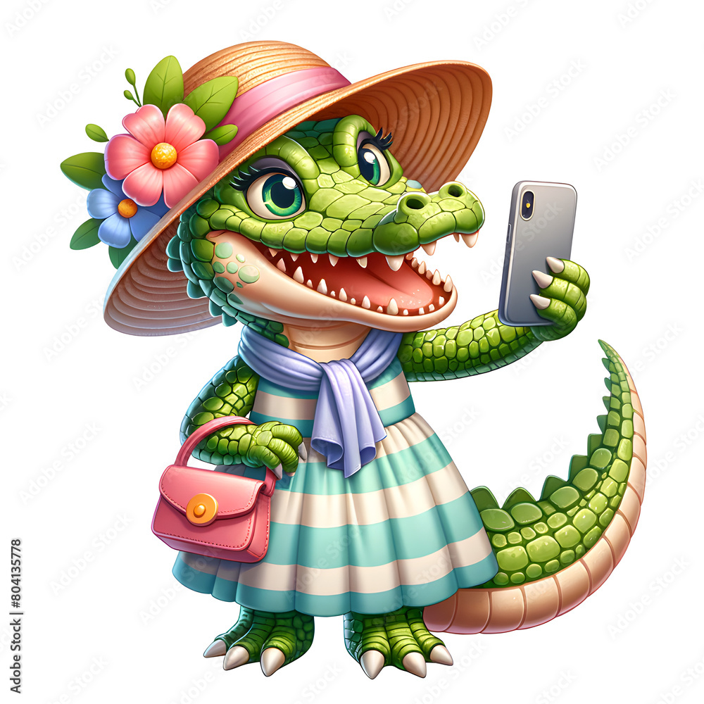 Cartoon illustration ( PNG 300 dpi ) , Crocodile is taking a selfie ...