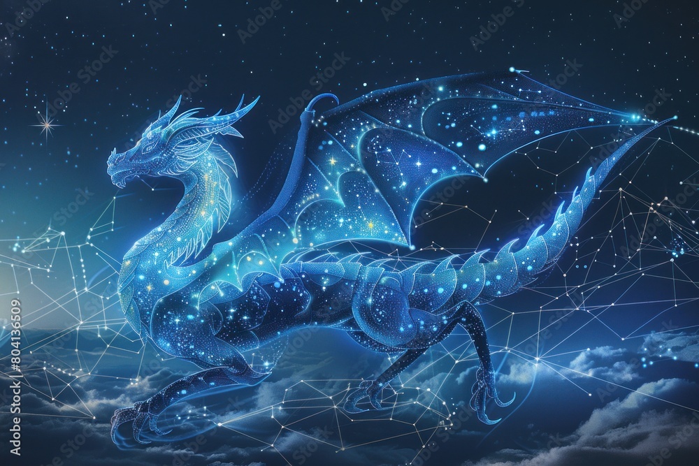 A spectral dragon, its scales shimmering with otherworldly light, soars ...