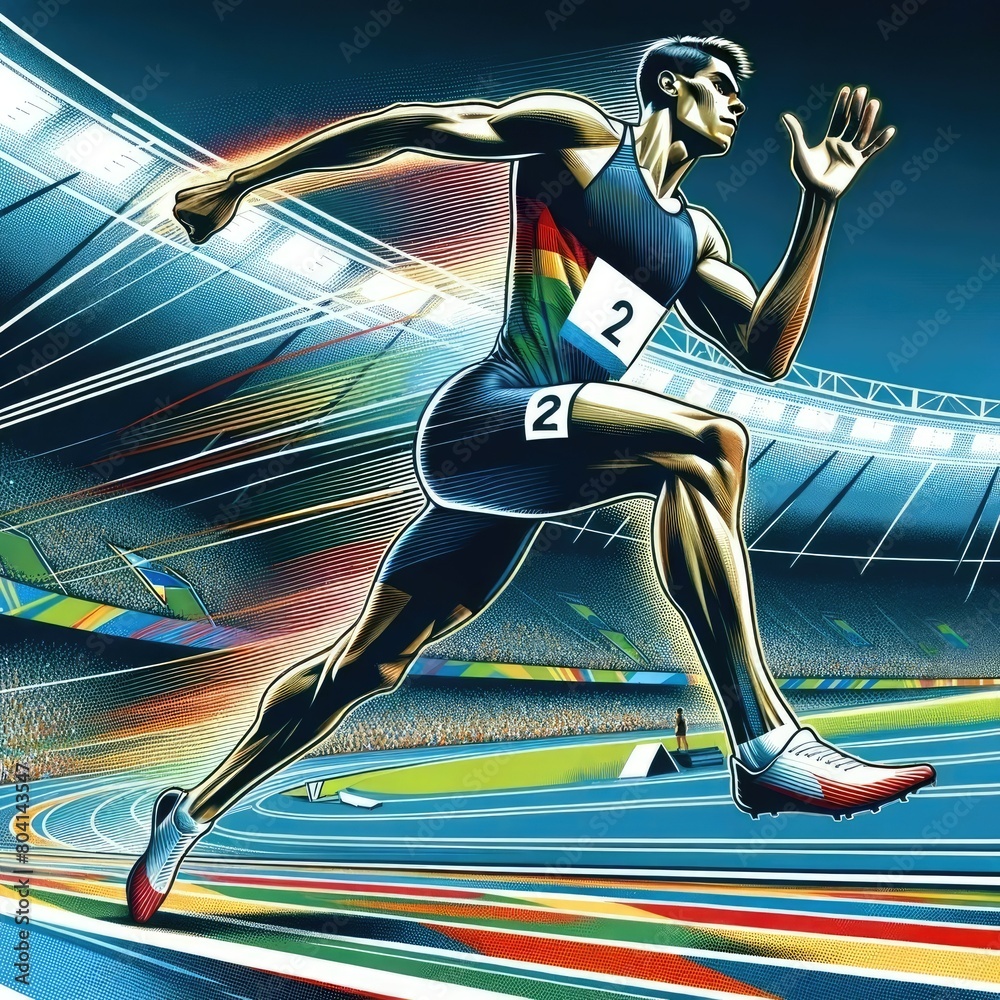 Dynamic Sprinter Racing on Track in Stadium, 2024 Summer Olympics ...