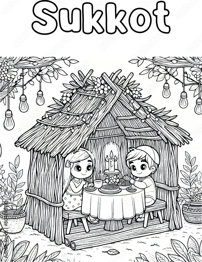 Creating a Sukkah coloring page. Holiday symbols, hut, festive mood ...