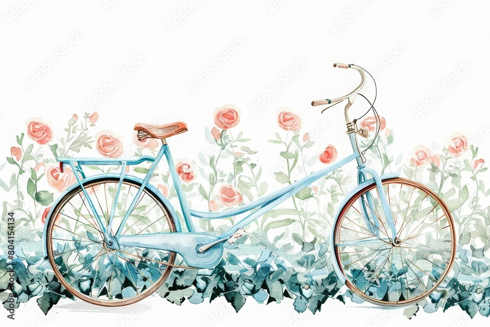 A watercolor painting depicts a pretty vintage bicycle leaning against ...
