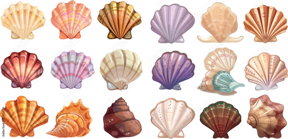 Cartoon scallops. Tropical concha sea snail oyster clam scallop ...