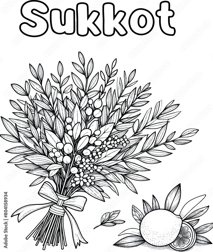 Creating a Sukkah coloring page. Holiday symbols, etrog, lulav, myrtle ...