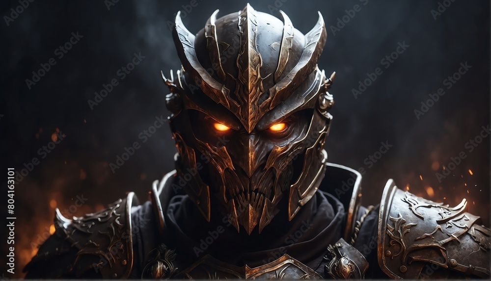 portrait of brown theme evil dark warrior with glowing eyes and armor ...