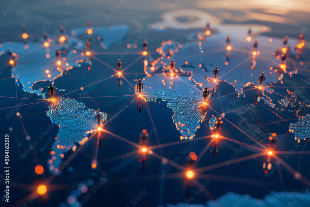 Digital illustration of a highly-detailed, glowing global network map ...