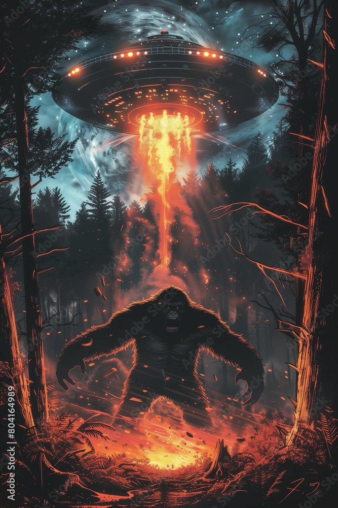 Alien UFO and bigfoot encounter in the forest. Flying saucer and ...